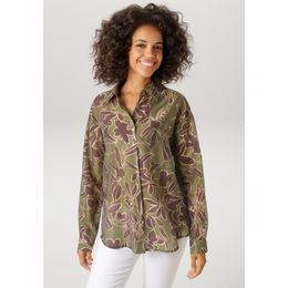 Hemdbluse Aniston CASUAL, Damen, Gr. 44, gr&uuml;n (oliv, dunkelbordeaux, beige), Web, Obermaterial: 85% Lyocell, 15% Polyester, bedruckt, gebl&uuml;mt, leicht transparent, oversize Po-bedeckend, 1-Knopf-Manschette, Blusen Hemdbluse, mit gro&szlig;fl&auml;chigen, grafischen Blumen bedruckt