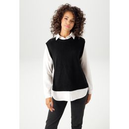 Strickpullover Aniston CASUAL, Damen, Gr. 38, schwarz-wei&szlig; (schwarz, wei&szlig;), Strick, Obermaterial: 100% Polyacryl. Bluseneinsatz: 100% Baumwolle, kontrastfarbene Details, unifarben, l&auml;ssig geschnitten Po-bedeckend, 1-Knopf-Manschette, Pullover Strickpullover, mit Bluseneinsatz