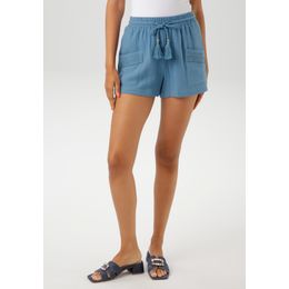 Shorts Aniston CASUAL, Damen, Gr. 38, N-Gr, blau, Web, Obermaterial: 100% Baumwolle, Strukturmuster, unifarben, figurumspielend kurz, Hosen Shorts, mit H&auml;kel-Applikationen verziert
