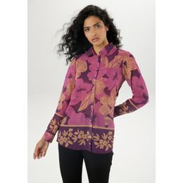 Hemdbluse Aniston SELECTED, Damen, Gr. 40, lila (lila, beere, braun), Georgette, Obermaterial: 100% Polyester, bedruckt, gebl&uuml;mt, transparent, figurumspielend h&uuml;ftbedeckend, 1-Knopf-Manschette, Blusen Hemdbluse, mit aufgedruckten Bord&uuml;ren; transparent