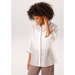 Hemdbluse Aniston CASUAL, Damen, Gr. 42, wollwei&szlig;, dunkeltaupe, Web, Obermaterial: 85% Lyocell, 15% Polyester, kontrastfarbene Details, leicht transparent, unifarben, oversize h&uuml;ftbedeckend, 1-Knopf-Manschette, Blusen Hemdbluse, mit kontrastfarbener H&auml;kelspitze verziert