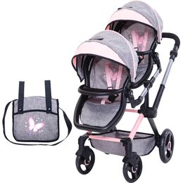 Puppen-Zwillingsbuggy BAYER "Xeo Twin grau/rosa", grau (grau, rosa mit schmetterling), Puppenwagen, KinderB:35cm H:76,5cm T:80cm, Kunststoff, Metall, Stoff, mit Wickeltasche, B:35cm H:76,5cm T:80cm