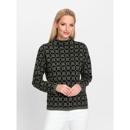 Jacquardpullover Heine "Jacquard-Pullover", Damen, Gr. 34, gr&uuml;n (khaki, schwarz, gemustert), 80% Viskose, 20% Polyamid, gemustert, mehrfarbig, Pullover