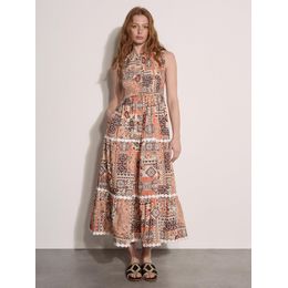 Druckkleid Apricot "Maxikleid", Damen, Gr. XS (34), N-Gr, rot (koralle), gewebt, Obermaterial: 100% Baumwolle CO., gemustert, normal, Kleider Druckkleid, mit Smokdetails und R&uuml;schen