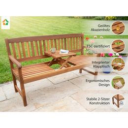 2-Sitzer Gartenbank mit Klapptisch aus Akazienholz FSC, 153x57x88 cm