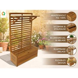 Blumenregal mit Aufbewahrung & Sitzbank aus Akazienholz, 70 x 32 x 117 cm