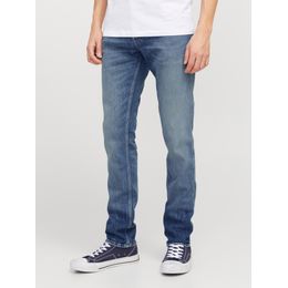 Jack & Jones Slim-fit-Jeans JACK & JONES "JJIGLENN JJDENVER JJ 144 NOOS", Herren, Gr. 29, L&auml;nge 30, blau (blau denim), Denim/Jeans, Obermaterial: 99% Baumwolle, 1% Elasthan, Abriebeffekte, slim fit kn&ouml;chellang, Jeans Slim-fit-Jeans