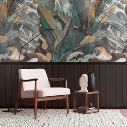 Livingwalls Fototapete LIVING WALLS "Wallpanel Tapete Wandpaneele Motivtapete Dschungel Landhaus", bunt (schwarz,gr&uuml;n,gelb), B:1,59m H:0,02m L:2,8m, Vlies, Tapeten, Vliestapete Bl&auml;tter f&uuml;r Schlafzimmer K&uuml;che Wohnzimmer Wandpaneele Flur