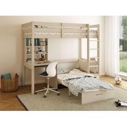Etagenbett OTTO HOME "HENNE' TOPSELLER Hochbett, Ideal f&uuml;r kleine R&auml;ume, 2 Schlafpl&auml;tze", cashmere, B:207,6cm H:180cm, Etagenbetten, Etagenbett, mit Polsterauflagen, Schreibtisch, Stauraum, seitenverkehrt montierbar