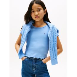 T-Shirt Tommy Hilfiger "ESSENTIAL RIB TOP mit Babylock-Kanten und Stickerei", M&auml;dchen, Gr. 16 (176), blau (cloudy blau), Rippware, Obermaterial: 95% Baumwolle, 5% Elasthan, unifarben, normal h&uuml;ftlang, Rundhals, Rollkante, Shirts T-Shirt, unifarben, casual, regular fit, Baumwollmix, Rundhals