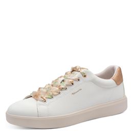 Plateausneaker Tamaris, Damen, Gr. 39, sanftes wei&szlig; gebl&uuml;mt, Lederimitat, kontrastfarbene Details, Schuhe Plateausneaker, Freizeitschuh, Halbschuh, Schn&uuml;rer in veganer Verarbeitung