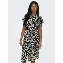 Hemdblusenkleid Only "ONLHANNOVER S/S SHIRT DRESS NOOS WVN", Damen, Gr. 36 (S), N-Gr, beige (birch aop:schwarz graphic), Web, Obermaterial: 100% Polyester, gemustert, Kleider, Sommerkleid