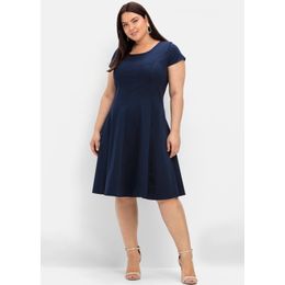 Cocktailkleid sheego "Cocktailkleid", Damen, Gr. 48, Normalgr&ouml;&szlig;en, blau (marine), 97% Baumwolle, 3% Elasthan, unifarben, knielang, Rundhals, Kleider