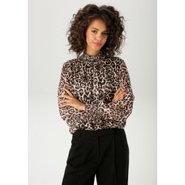 Chiffonbluse Aniston CASUAL, Damen, Gr. 36, gold (sand, schwarz, braun, beige, goldfarben), Chiffon, Obermaterial: 97% Polyester, 3% metallisierte Fasern. Futter: 95% Viskose, 5% Elasthan, Glitzerstreifen, figurumspielend h&uuml;ftbedeckend, Smokb&uuml;ndchen mit Gummizug, Blusen Chiffonbluse, im Leo-Druck mit goldfarbenen Glitzerstreifen