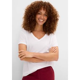T-Shirt bonprix, Damen, Gr. 36/38 (S), wei&szlig;, Obermaterial: 65% Polyester, 35% Viskose, loose fit, Shirts T-Shirt, lockere Passform, Kurzarm-Design, V-Ausschnitt