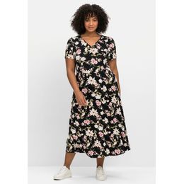 Jerseykleid sheego by Joe Browns "Jerseykleid", Damen, Gr. 50, Normalgr&ouml;&szlig;en, schwarz (schwarz, gemustert), Jersey, 95% Viskose, 5% Elasthan, Paisley, bedruckt, gemustert, mehrfarbig, wadenlang, V-Ausschnitt, Kleider Jerseykleid