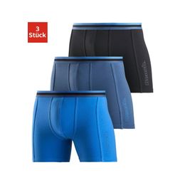 Langer Boxer Bench., Herren, Gr. S, 3 Stk., blau (blau, schwarz, marine), Jersey, Obermaterial: 92% Baumwolle, 8% Elasthan (LYCRA), unifarben, k&ouml;rpernah, Unterhosen, Unterhosen mit elastischem Bund und Logodruck auf dem Bein