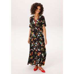 Sommerkleid Aniston CASUAL, Damen, Gr. 40, N-Gr, bunt (schwarz, rotgr&uuml;n, gelb, rosa, blau, orange, wei&szlig;), Web, Obermaterial: 100% Viskose, bedruckt, gebl&uuml;mt, gestreift, l&auml;ssig geschnitten kn&ouml;chellang, V-Ausschnitt, Kleider Sommerkleid, mit farbenfrohen Blumendruck - jedes Teil ein Unikat