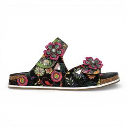 Laura Vita Damen-Sandalen Brcyano 32, schwarz, mit Blumenmuster, aus Leder, Riemchen