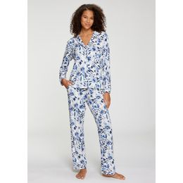 Lascana Pyjama mehrfarbig Gr. 36/38 f&uuml;r Damen. V-Ausschnitt und Allover-Druck. Figurumspielend. Nachhaltig.