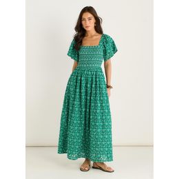Gr&uuml;nes Midi-Kleid mit Blumenbroderie und Raffungen
