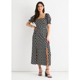 Schwarzes Midikleid mit Geodruck und quadratischem Ausschnitt