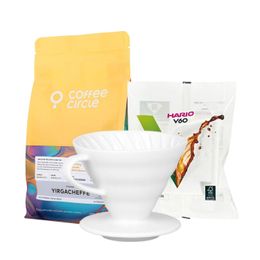 Coffee Circle Hario v60 & Kaffee im Set, 250 g Kaffee nach Wahl, ganze Bohne, Handfilter aus Porzellan, Klassiker aus Japan, inklusive Papierfilter