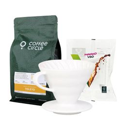 Coffee Circle Hario v60 & Kaffee im Set, 250 g Kaffee nach Wahl, ganze Bohne, Handfilter aus Porzellan, Klassiker aus Japan, inklusive Papierfilter