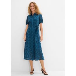 bonprix Lochstickerei-Blusenkleid aus reiner Baumwolle, petrol, Gr.38, feminines Lochstickerei-Blusenkleid aus reiner Baumwolle mit Bindeband in der Taille und Puff&auml;rmeln, aus 100% Baumwolle