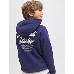 Jack & Jones Kapuzensweatshirt JACK & JONES JUNIOR "JORNORREBRO TYPO BACK SWEAT HOOD SN JNR", Jungen, Gr. 140, blau (ocean cavern), angeraute Sweatware, Obermaterial: 89% Baumwolle, 11% Polyester, bedruckt, relaxed fit normal, Rundhals, Rippb&uuml;ndchen, Sweatshirts, Baumwollmischung, relaxed fit, Langarm
