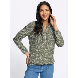 Langarmshirt "Langarm-Shirt", Damen, Gr. 52, khaki, ecru, bedruckt, 100% Baumwolle, gebl&uuml;mt, gemustert, V-Ausschnitt, Shirts Langarmshirt