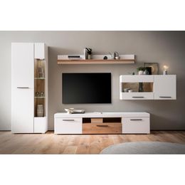 Wohnwand Home Affaire "Salerno, moderne Anbauwand, Wohnzimmer-Set, Wei&szlig; mit Eiche Evoke Dekor", wei&szlig; (wei&szlig;, eiche evoke), B:327cm H:200cm T:45cm, Holzwerkstoff, Kastenm&ouml;bel-Sets, Wohnwand, enth&auml;lt H&auml;ngevitrine, Vitrine, Lowboard + Wandboard, Metallgriffe
