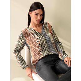 Druckbluse Heine, Damen, Gr. 34, sand, khaki, bedruckt, 100% Viskose, bedruckt, gemustert, mehrfarbig, Rundhals, Blusen Druckbluse