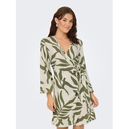 Jacqueline de Yong Wickelkleid JDY "JDYSEZEN LIFE 7/8 SHORT DRESS WVN DIA", Damen, Gr. L, N-Gr, gr&uuml;n (sandshell aop:deep lichen gr&uuml;n), Web, Obermaterial: 100% Viskose, bedruckt, regular fit kurz, V-Ausschnitt, weit, Kleider Wickelkleid, Sommerkleid