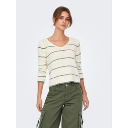 V-Ausschnitt-Pullover Only "ONLGEENA L/S V-NECK KNT NOOS", Damen, Gr. XL, wei&szlig; (cloud dancer stripes), Strick, Obermaterial: 65% Polyacryl, 35% Polyamid, gestreift, normal, V-Ausschnitt, Pullover