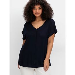 sheego Gro&szlig;e Gr&ouml;&szlig;en T-Shirt mit V-Ausschnitt und Zierpaspel vorne, tiefblau, Gr&ouml;&szlig;e 52/54 - Damen