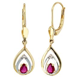 Paar Ohrh&auml;nger Jobo, gelb (gelbgold 585), Ohrringe, Damen, P1 = bei 10-facher Vergr&ouml;&szlig;erung erkennbare Einschl&uuml;sse, Diamanten Gelbgold 585, Diamanten, Gelbgold 585, 585 Gold mit 2 Diamanten und Rubin