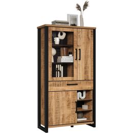 Vitrine Home Affaire "Elda", mango, schwarz, B:106cm H:195cm T:45cm, Glas, Holzwerkstoff, MDF, Metall, Schr&auml;nke, Vitrine, Vitrine mit 3 T&uuml;ren & 1 Vollauszug Schublade - (B/T/H) 106/45/195 cm
