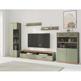 Wohnwand OTTO HOME "Ribe: 5‑teilig, Oberplatte aus Massivholz, viel Stauraum, Trendfarbe", salbei, eiche, Holzwerkstoff, Massivholz, Kastenm&ouml;bel-Sets, Wohnwand, Breite: 277cm, Glaseinsatz aus geh&auml;rtetem Glas, variable Einlegeboden