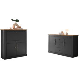B&uuml;rom&ouml;bel-Set OTTO HOME "Westminster, wohnliches Home-Office, B&uuml;ro in zwei Farben verf&uuml;gbar", dunkelgrau, Holzwerkstoff, Arbeitsm&ouml;bel-Sets, B&uuml;rom&ouml;bel-Set, enth&auml;lt Sekret&auml;r und Sideboard im Landhausstil, mit Kabelkanal