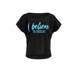 Oversize-Shirt WINSHAPE "MCT002 ultra leicht", Damen, Gr. XL, schwarz (schwarz, glitzer neon blau), 50% Modal, 50% Baumwolle, U-Boot-Ausschnitt, Shirts, mit Neon blauem Glitzer-Aufdruck