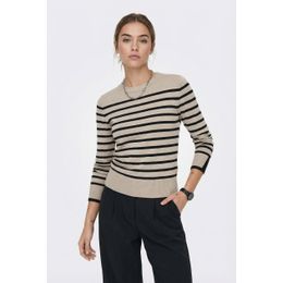 Rundhalspullover Only "ONLKALANA LS O-NECK KNT NCA", Damen, Gr. L, beige (wei&szlig;cap gray stripes:schwarz), Strick, Obermaterial: 73% Viskose, 27% Polyester, gestreift, slim fit h&uuml;ftlang, Rundhals, Pullover Rundhalspullover