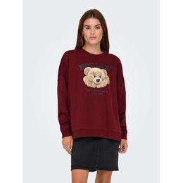 Sweatshirt Only "ONLBILA L/S BEAR O-NECK SWT", Damen, Gr. L, cabernet print:lazy, Sweatware, Obermaterial: 60% Baumwolle, 40% Polyester, bedruckt, Rundhals, Sweatshirts Sweatshirt