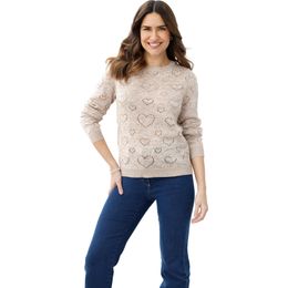 Damen Ajourpullover mit Herzchen sesam-champagner-meliert, Gr&ouml;&szlig;e 46