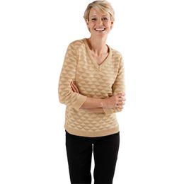 Damen V-Ausschnitt-Pullover mit Strickmuster camel-ecru-gemustert, Gr&ouml;&szlig;e 38