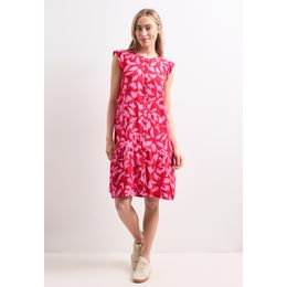 Sommerkleid Street One, Damen, Gr. 44, EURO-Gr&ouml;&szlig;en, salsa rot, Stoff, 100% Viskose, gemustert, normal knieumspielend, Rundhals, R&uuml;schen, Kleider Sommerkleid, aus Viskose