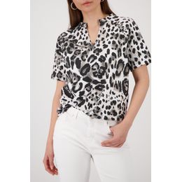 Sweatshirt monari "Sweatshirt Leo Allover", Damen, Gr. 38, braun gem, Sweatware, Obermaterial: 70% Baumwolle, 30% Polyester, gemustert, regular fit normal, V-Ausschnitt, abgesteppte Kante, Sweatshirts Sweatshirt, Frottee Innenseite, Regular Fit, Schlitz und offenem Saum
