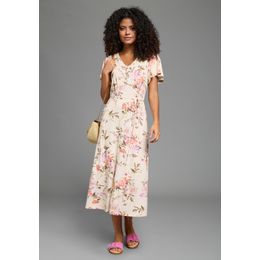 Sommerkleid Laura Scott, Damen, Gr. 34, N-Gr, creme, rosa, gebl&uuml;mt, Jersey, Obermaterial: 95% Viskose, 5% Elasthan, gebl&uuml;mt, ausgestellt wadenlang, V-Ausschnitt, Fl&uuml;gel&auml;rmel, Kleider Sommerkleid, mit gebl&uuml;mtem Design, aus Viskose und Elasthan, Midi-L&auml;nge