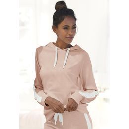Kapuzensweatshirt BENCH. LOUNGEWEAR, Damen, Gr. 32/34, beige (beige, wei&szlig;), Jersey, Obermaterial: 60% Baumwolle, 40% Polyester, bedruckt, unifarben mit Farbeinsatz, Basic, bequem h&uuml;ftlang, Rippb&uuml;ndchen, Sweatshirts, mit K&auml;ngurutasche, Home- und Loungewear Serie
