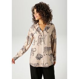 Hemdbluse Aniston CASUAL, Damen, Gr. 40, beige (beige, schwarz), Web, Obermaterial: 100% Viskose, bedruckt, l&auml;ssig geschnitten Po-bedeckend, V-Ausschnitt, 2-Knopf-Manschette, Blusen Hemdbluse, mit Leoparden bedruckt - jedes Teil ein Unikat